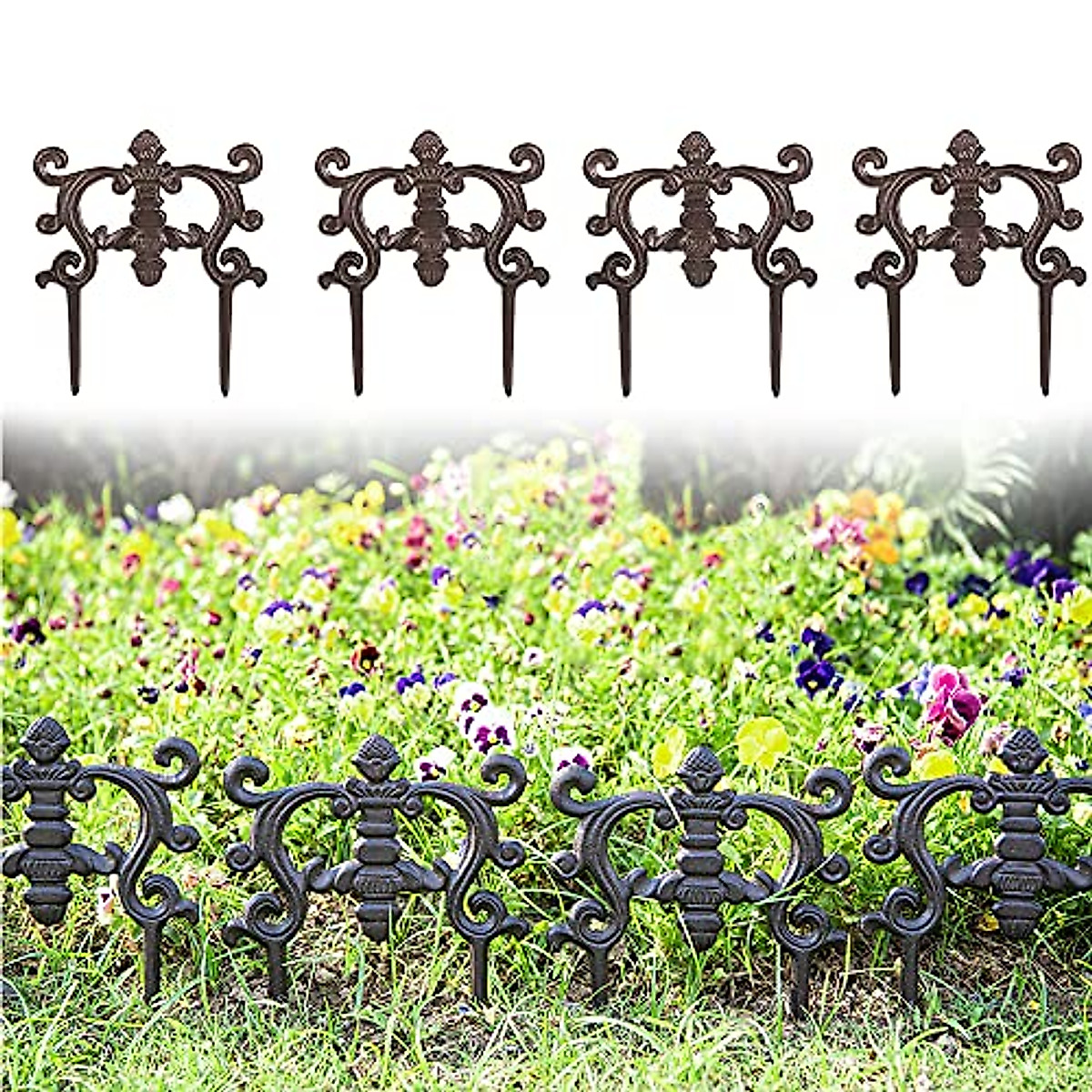 Sungmor 4PC Small Garden Fence 9.4in. Tall Cast Iron Picket Fence, Heavyweight Outdoor Landscape Edging Low Border, Pretty Antique Brown Pattern, Stake Decorative Metal Fence Panel for Lawn Flowerbeds
