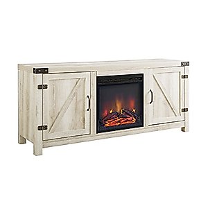 Walker Edison Georgetown Modern Farmhouse Double Barn Door Fireplace TV Stand for TVs up to 65 Inches, 58 Inch, White Oak