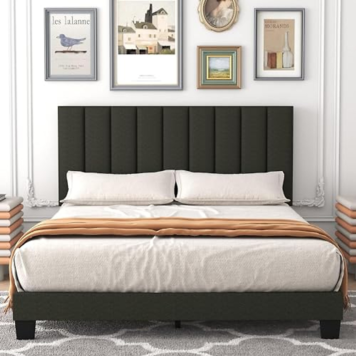 Queen Size Bed Frame with Adjustable Height Headboard, Upholstered Platform Bedframe with Wingback, Heavy-Duty Metal Frames with Solid Wooden Slats No Box Spring Needed, Dark Grey