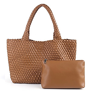 Brown Vegan Leather Woven Tote Bag for Women - Large Beach Bag with Small Purse, Handmade Top-handle Travel Handbag