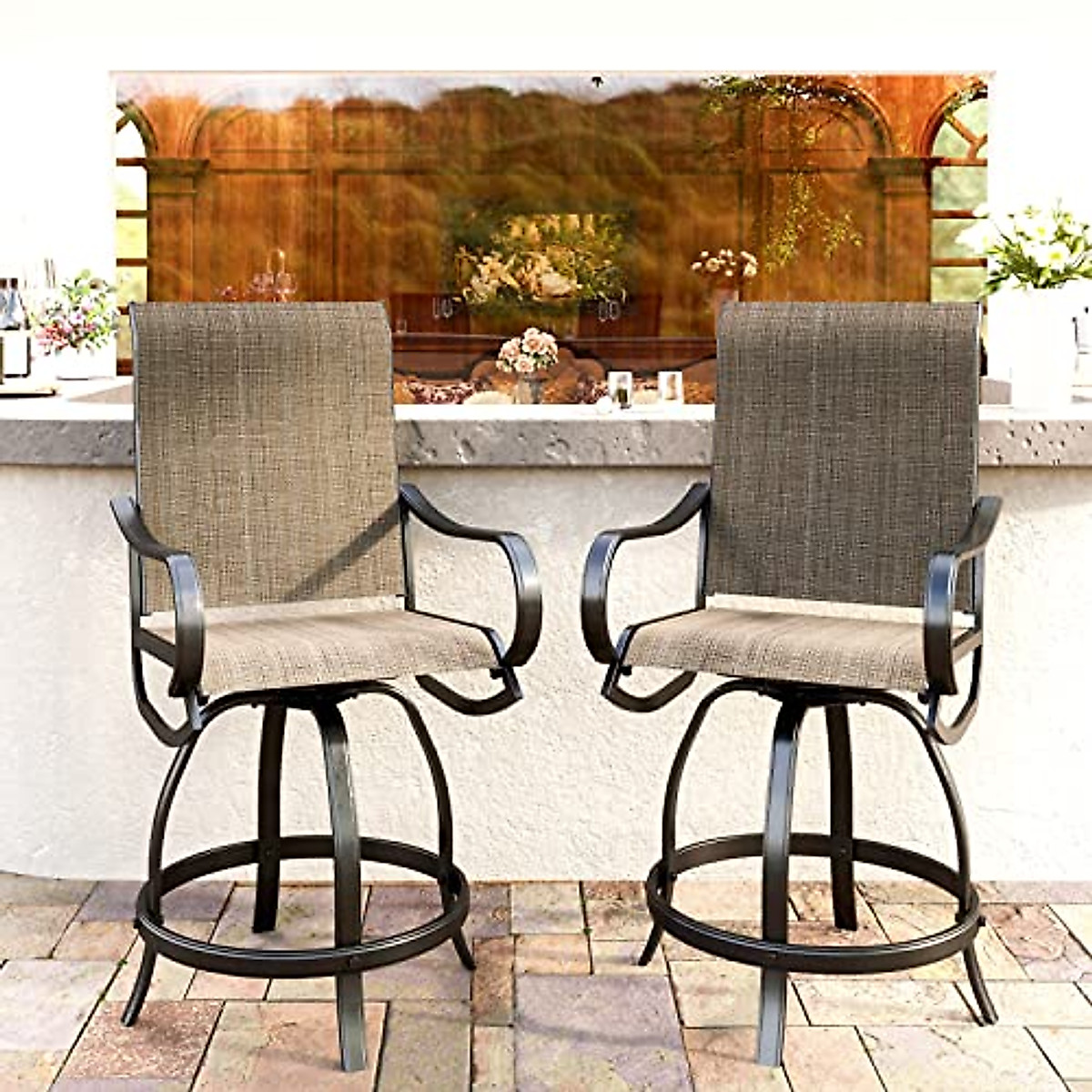 MFSTUDIO Outdoor Bar Stool, Patio Counter Height Sling Fabric Bar Chairs Set of 2, All-Weather Resistant, Brown