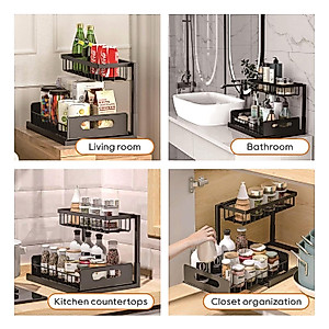 Under Sink Cabinet Organizer 2 Tier Pull Out Cabinet Organizer Cabinet Storage Shelf Multi-purpose Storage Shelf for Bathroom Kitchen (Black)