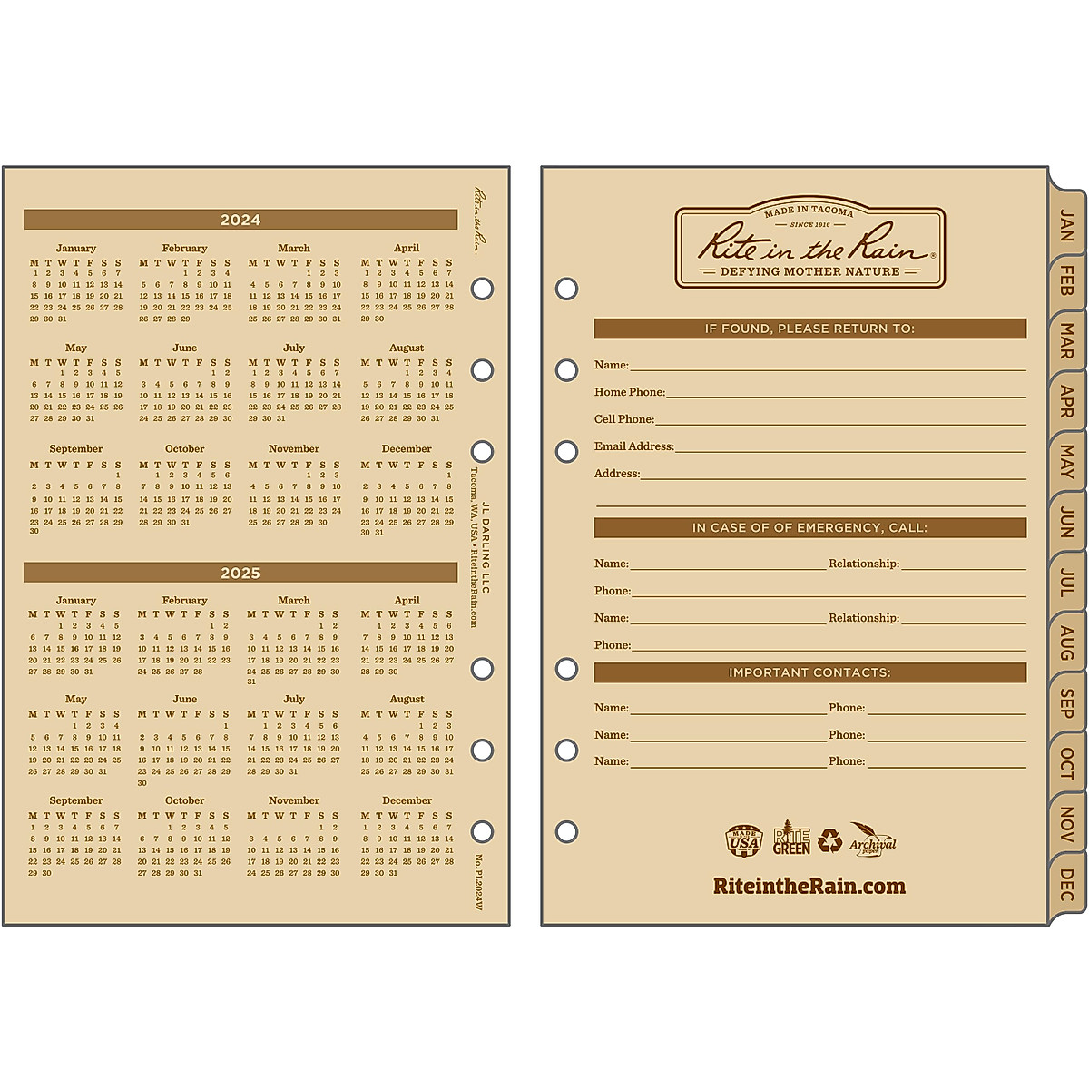 Rite in the Rain 2024 Dated Weekly Loose Leaf Calendar Set, 5” x 7”, Tan Sheets, 365 Days (No. PL2024W)