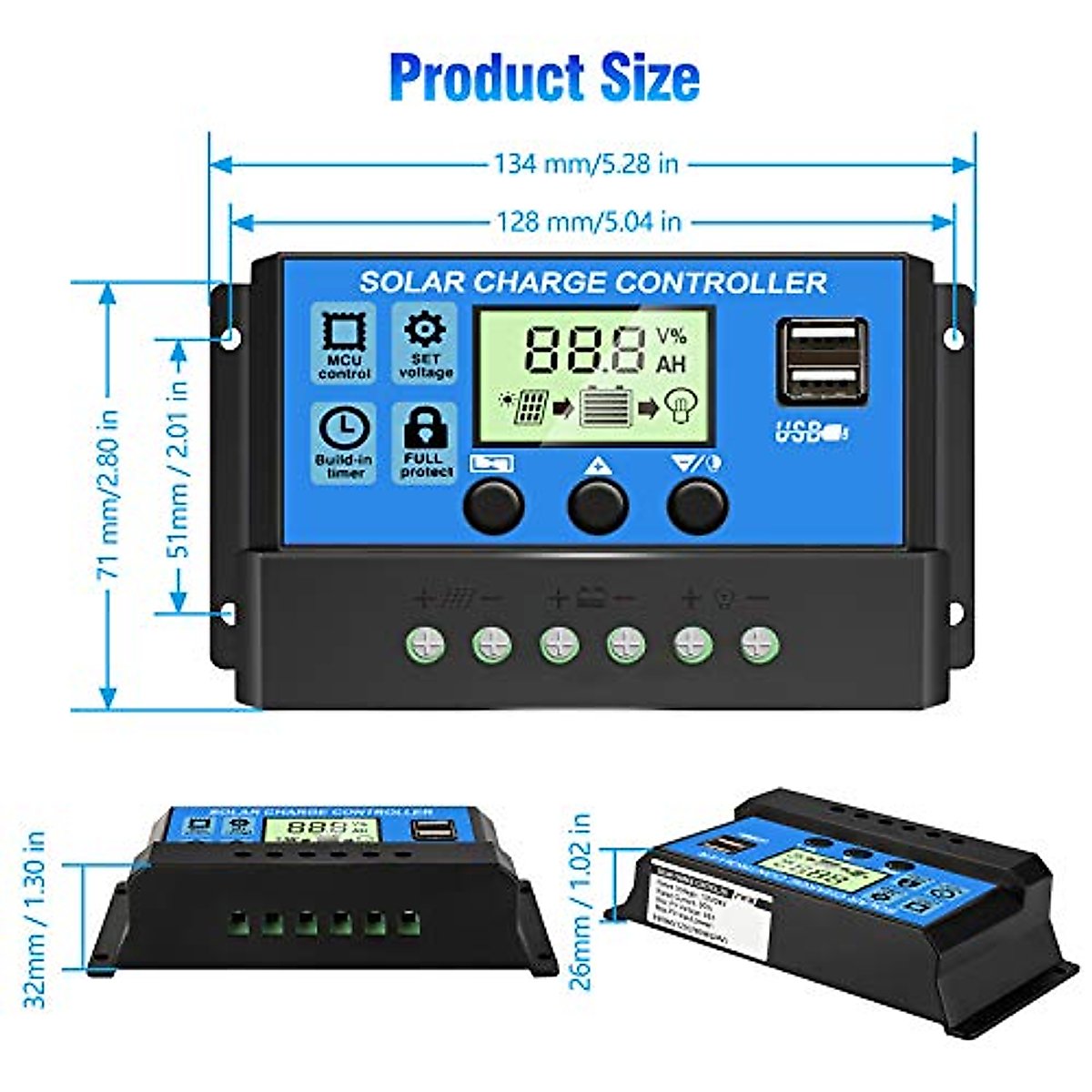2Pcs 30A Solar Charge Controller, Black Solar Panel Battery Intelligent Regulator with Dual USB Port 12V/24V PWM Auto Paremeter Adjustable LCD Display