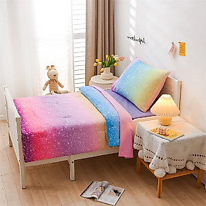 Holawakaka 4PCS Ombre Toddler Bedding Set, Colorful Gradient Stars Comforter Sheet Sets for Baby Girl Toddler Girls (Multi-Color)
