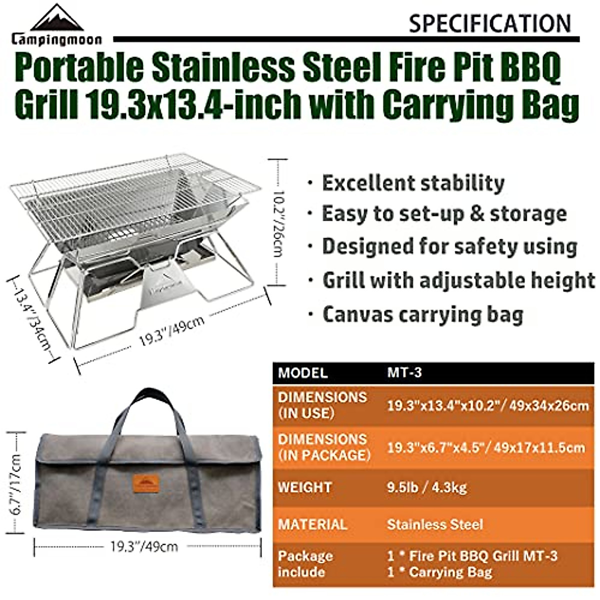 CAMPINGMOON Stainless Steel Portable Camping Fire Pit Foldable Wood Burning Charcoal Grill 20x13-inch with Carrying Bag MT-3