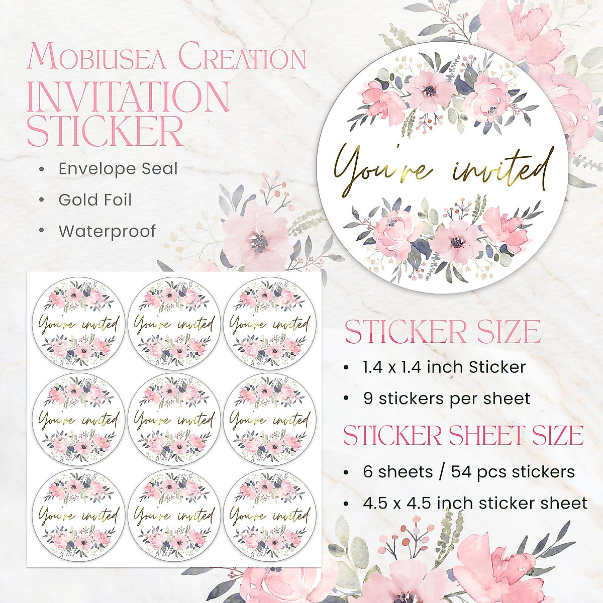 Mobiusea Creation Floral Party You're Invited Envelope Seal Stickers | 1.4 inch | Gold Foil | 54pcs Waterproof Invitation Stickers for Wedding, Bridal Shower, Birthday, Boho Girl Baby Shower
