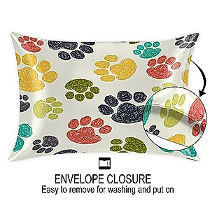 Colorful Paw Prints Satin Pillow Cases Silk Satin Pillowcase for Hair and Skin Standard Set of 2 Super Soft Silk Pillowcase with Envelope Closure (20x26 in)