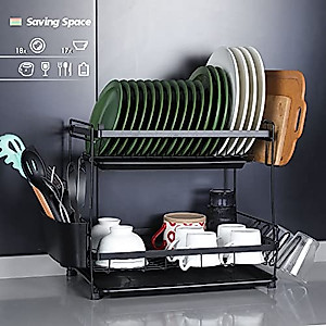 Zvonema Large Dish Drying Rack, 2-Tier Dish Racks for Kitchen Counter, Stainless Steel Dish Drainers with Drainboard & Removable Utensil Holder Cup Holder, Space Saving Dish Rack, Black
