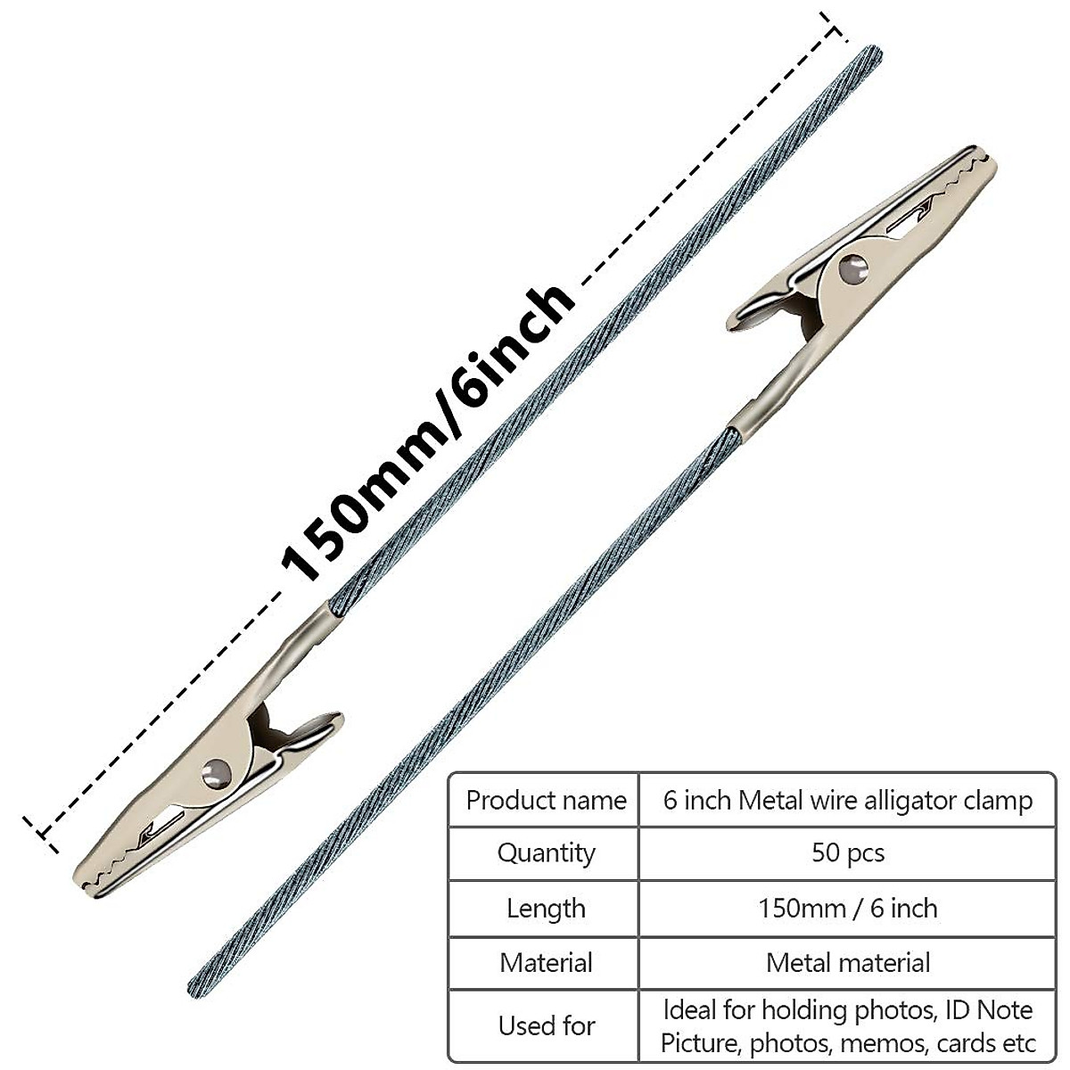Set of 50 Metal Wire Alligator Clamp Long-Tailed Alligator Iron Clip Clasp for DIY Card Photo Memo Clip Holder 6inch (150mm)