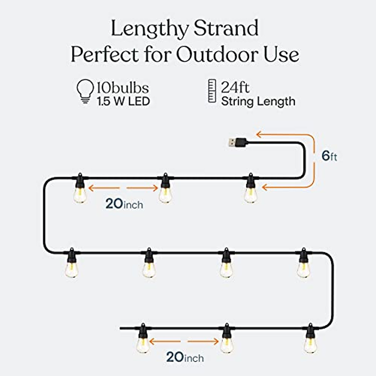 Brightech Ambience Pro USB Powered String Lights - 24 Ft Commercial Grade Waterproof String Lights - Outdoor Shatterproof Patio Lights for Camping, Backyard, Porch, Christmas - 1W 12 Bulbs, Warm White