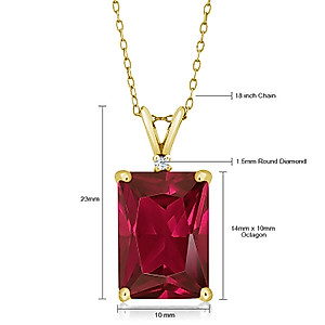 Gem Stone King 18K Yellow Gold Plated Silver Red Created Ruby Pendant Necklace For Women (5.02 Cttw, Gemstone July Birthstone, Emerald Cut 14X10MM, with 18 Inch Silver Chain)