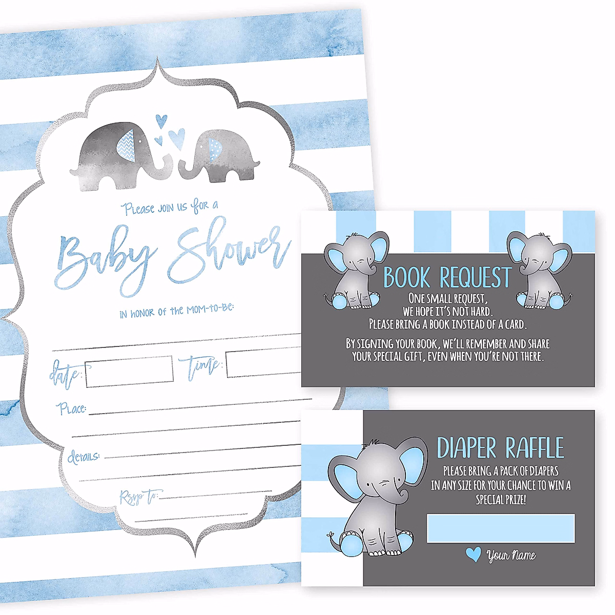 Hadley Designs 50 Fill in Baby Shower Invitations, 25 Books For Baby Shower Request Cards, 25 Baby Shower Diaper Raffle Tickets For Baby Shower Boy, Cute Elephant Jungle Write in Diaper Raffle Cards