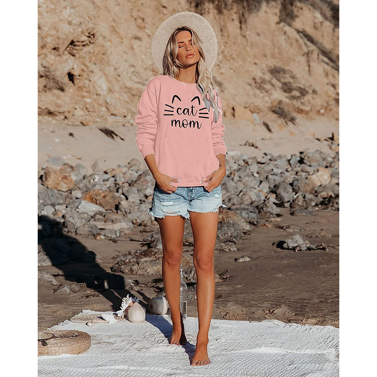 Cat Mom Sweatshirt Women Cat Mama Shirt Cute Cat Long Sleeve Letter Print Tshirt Tops Pink