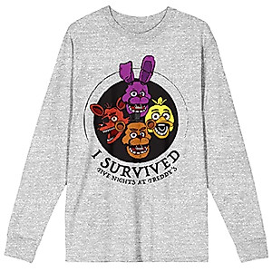 Five Nights at Freddy’s “I Survived” with Four Characters Men’s Heather Gray Long Sleeve Crew Neck Tee-XL