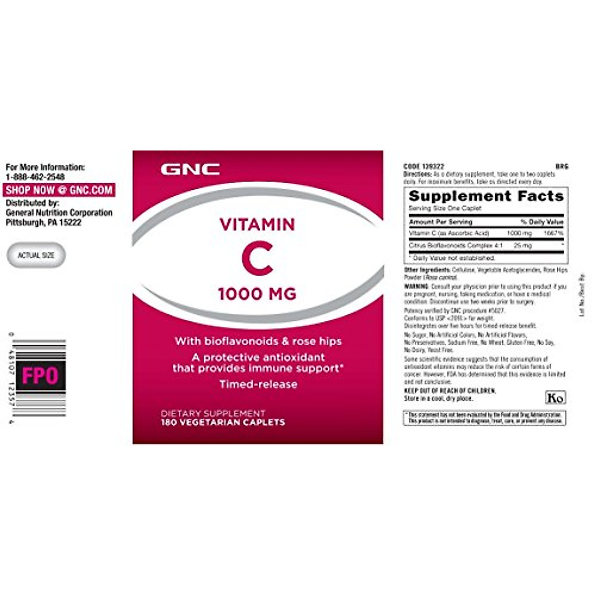GNC Vitamin C 1000 with Bioflavonoids and Rose Hips Timed Release 180 Tablets