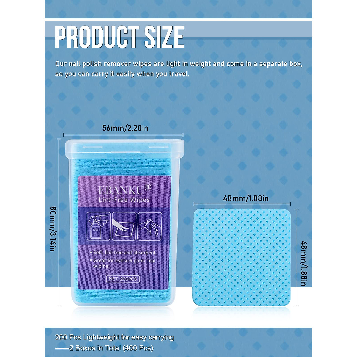 400PCS Lint Free Nail Wipes Glue Wipes Lash Extensions EBANKU Soft Blue Lash Glue Nail Polish Remover Cotton Pads Eyelash Extension Supplies