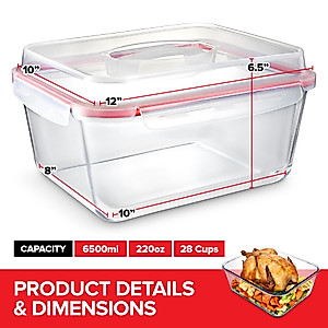 28 Cup Extra Large Glass Storage Container with Lid (220 Ounces), Oven Safe Large Glass Container with Handle, Large Glass Food Storage Container with Airtight Locking Lid with Handle, Freezer Safe