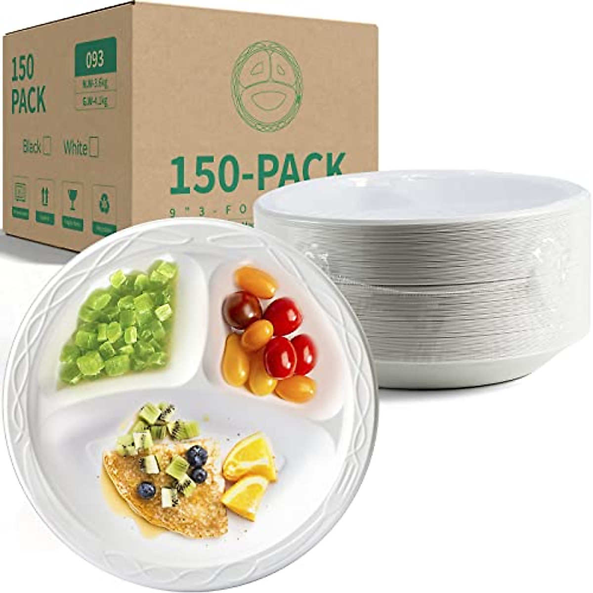 YANGRUI White Plastic Plates, 9 Inch 3 Compartments 150 Pack Food Grade Meterial BPA Free Reusable Dinner Plates