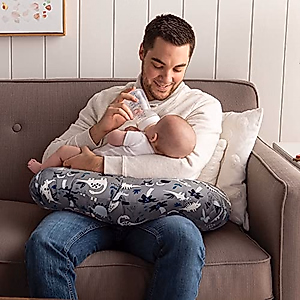 Boppy Original Support Nursing Pillow, Gray Dinosaurs, Ergonomic Breastfeeding, Bottle Feeding, and Bonding, Firm Hypoallergenic Fiber Fill, Removable Cover, Machine Washable