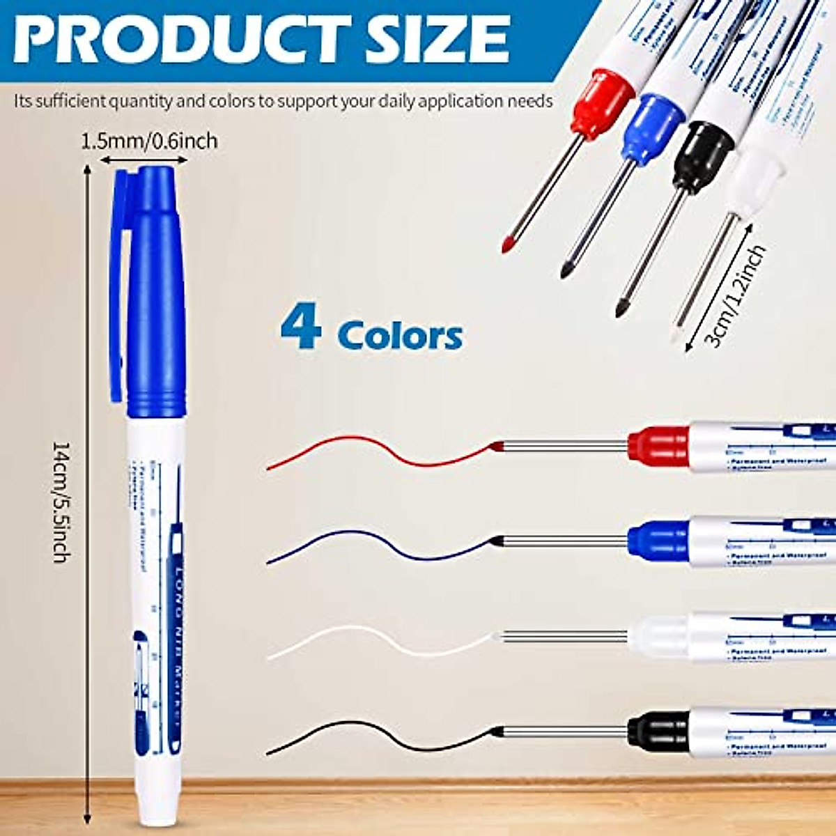 4 Pcs Deep Reach Markers Long Nose Marker Waterproof Deep Hole Marker Carpenter Ink Marker 30 mm Reach Permanent Markers and Marker Pens for Carpenters Builders Construction, 4 Colors