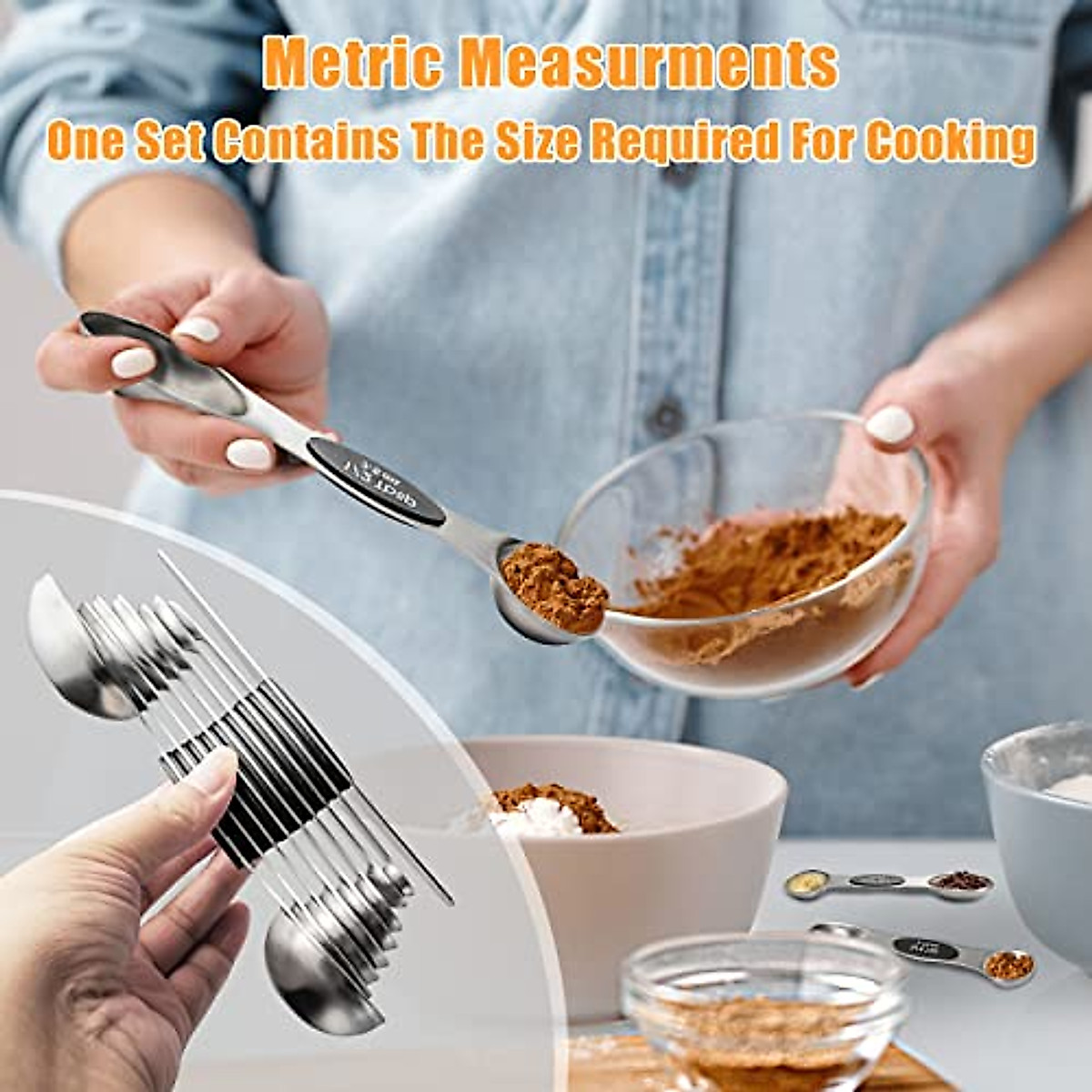 [9 Pack] Magnetic Measuring Spoons Set Dual Sided Measuring Scoop with Leveler Stainless Steel Measuring Spoons Kitchen Utensils Gadgets for Dry or Liquid Food