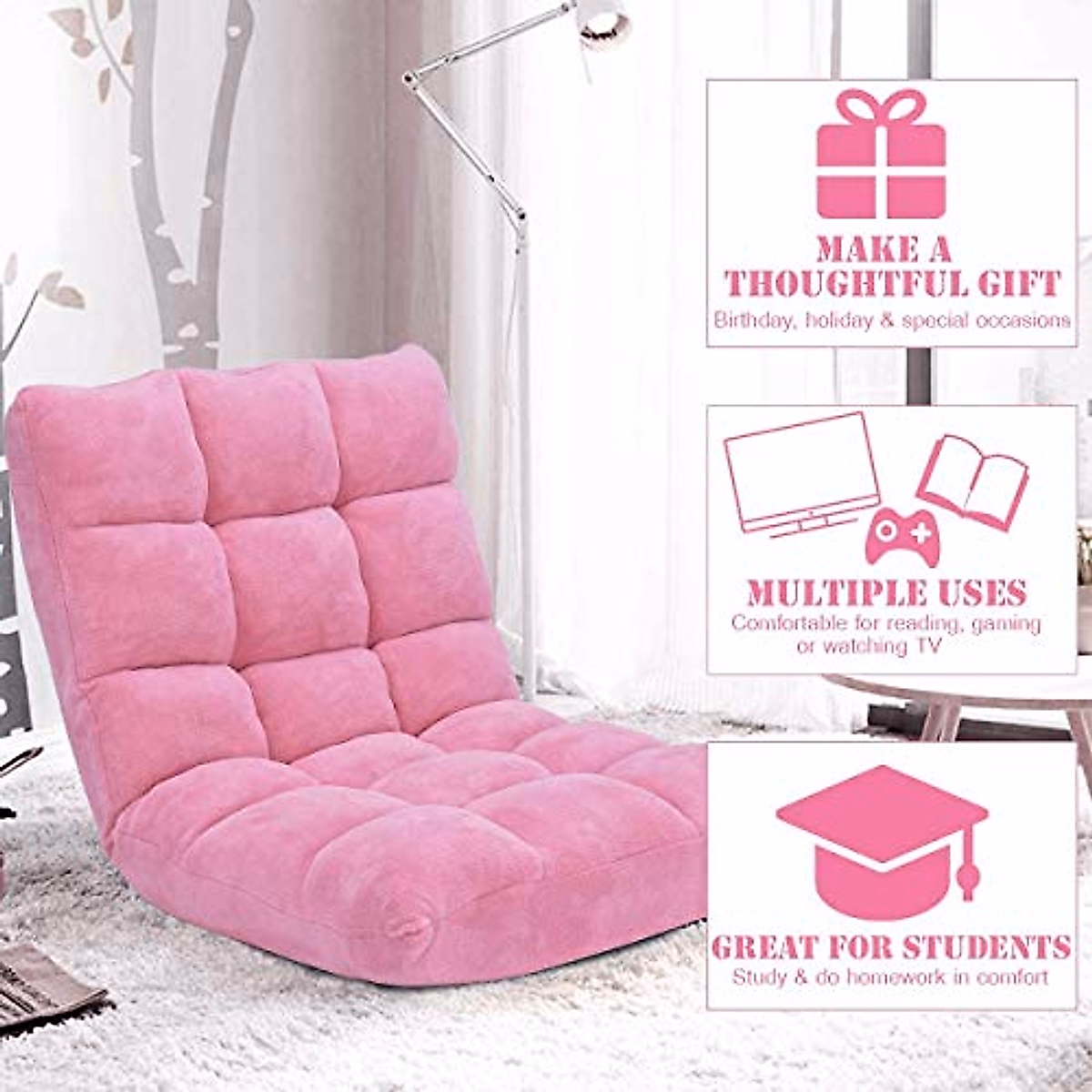FANTASK 14-Position Floor Sofa, Folding Memory Foam Floor Chair w/Comfy Cushions & Study Steel Frame, Angle Adjustable Floor Couch Sofa , Floor Lounge Sofa for Reading Game Meditating(Pink)