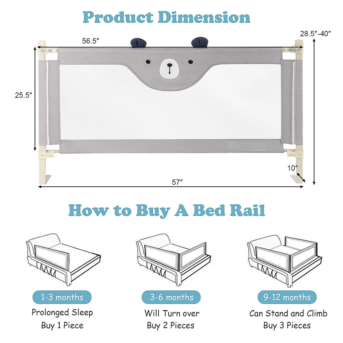 BABY JOY Bed Rail for Toddlers, 57’’ Extra Long, Height Adjustable & Folding Baby Bed Rail Guard w/Breathable Mesh & Double Safety Child Lock for Kids Twin Double Full Size Queen King Mattress (Gray)