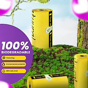 Dog Poop Bags Rolls-150 Bags with Leash Dispenser (10 Rolls), Biodegradable Poop Bags Made of Cornstarch, 100% Leak Proof and Easy to Open (Yellow)