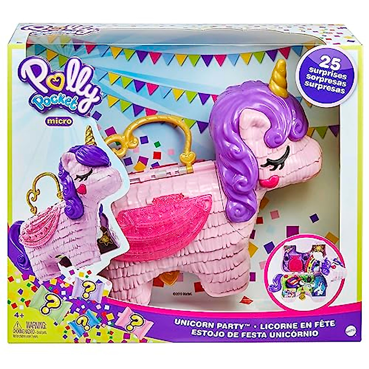 Polly Pocket Micro, Unicorn Party Playset, Pink Unicorn Toy with Purple Hair, 25 Toy Surprises Inside, Toys for Ages 4 and Up, One Playset, GVL88