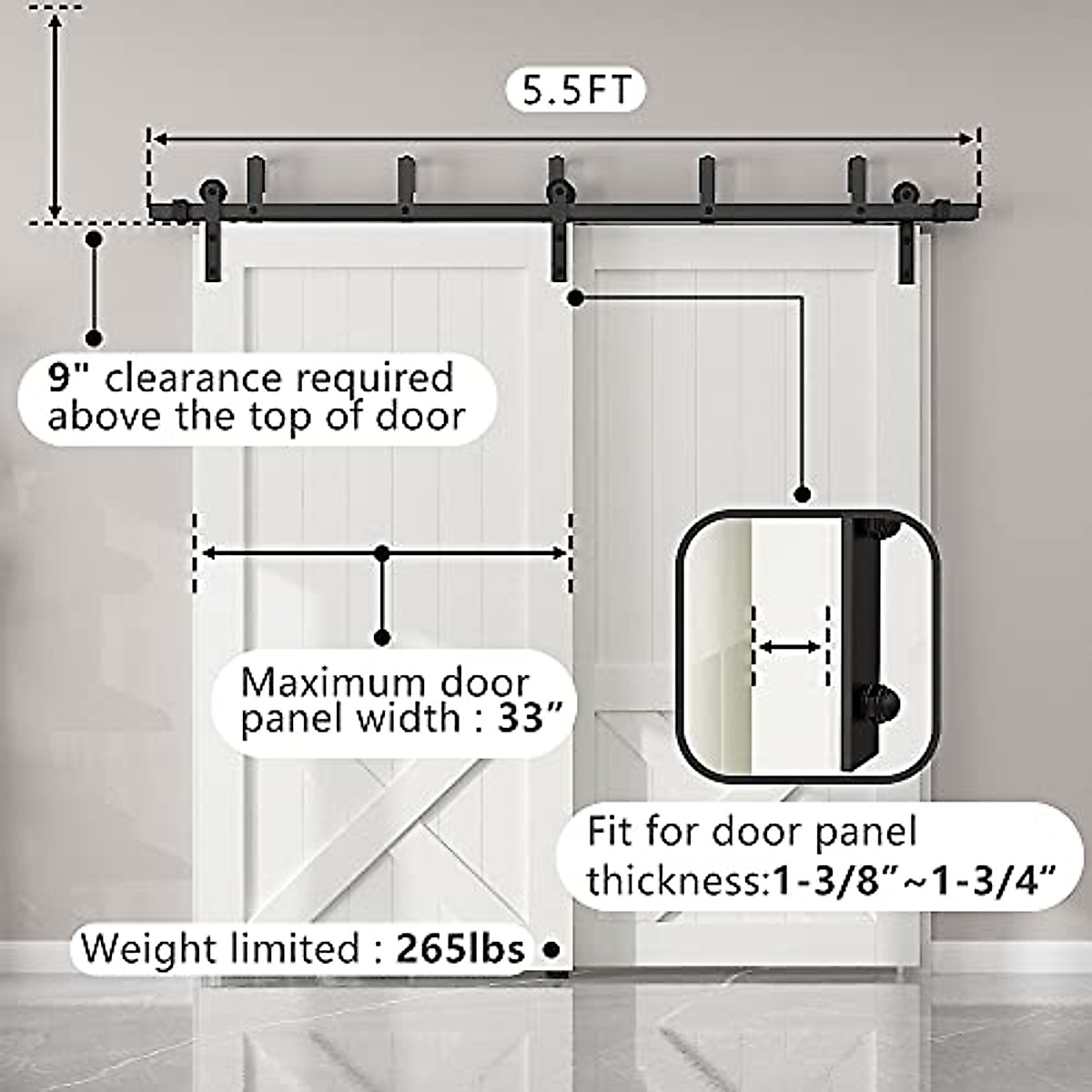 skysen 5.5FT Low Ceiling Heavy Duty Sliding Barn Door Hardware Double Track Bypass Double Door Kit Black(Bypass I Shape-2)