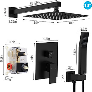Qomolangma 10 inch Rain Shower System, Black Shower Faucet Set with Pressure Balance Valve, Wall Mounted 2-Functions Bathroom Shower Systems with Rain Shower and Handheld Spray Shower Trim Included