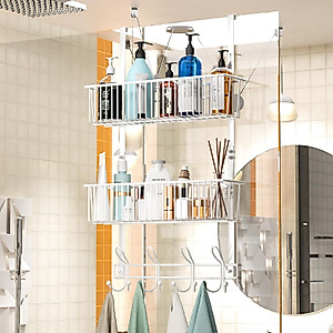 Over The Door Hooks Organizer,Door Hanger Door Storage with 2 Baskets,Over The Door Towel Rack Coat Hooks with 12 Hooks,for Bathroom,Bedroom,Kitchen,Office,Apartment(White)