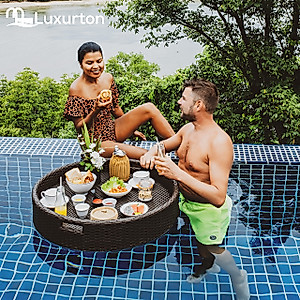 Luxurton Floating Tray – 80 x 15 cm Floating Pool Tray – Drinks and Food Serving Tray for Pool Parties – Wear-Resistant Rattan Party Serving Tray – Round Brown