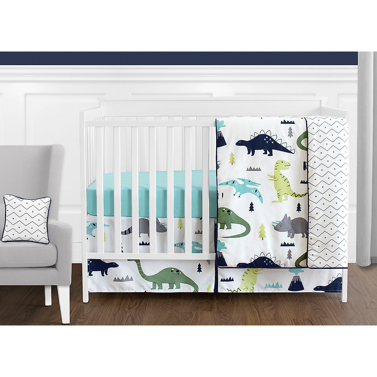 Navy Blue and Green Modern Dinosaur Baby Boys or Girls 11 Piece Crib Bedding Set
