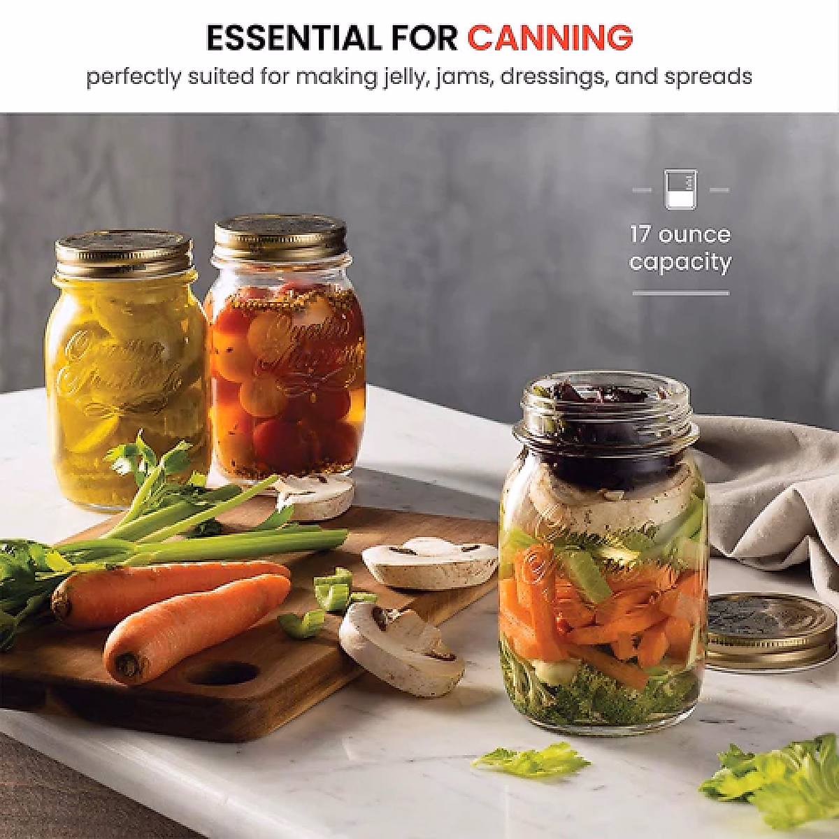 Bormioli Rocco Quattro Stagioni Set of 6 Clear Airtight Mason Jars, 17 Oz. Made from Food Safe Durable Glass, Made in Italy.