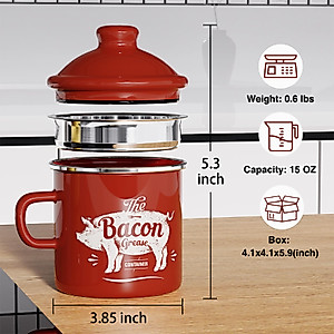 PGYARD Mini Bacon Grease Container With Strainer - 15OZ Enamel Grease Saver, Farmhouse Bacon Grease Keeper For Kitchen Fat Storage, Dishwasher Safe-Red