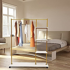 GDAE10 Gold Garment Rack Stand Iron with Universal Wheel and Shelves Square Wedding Dress Bridal Garment Rack Dress Display Stand Floor Hanger Storage Rack for Home Wedding Clothing Store