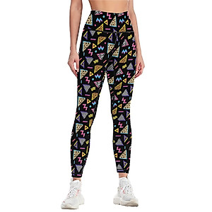 SKT T1 Women's Vintage 80s or 90s Memphis Yoga Pants Colorful Triangle with Zebra Tiger Leopard Print Geometric on Black Workout Leggings Tummy Control High Waist Gym Fitness Track Pants L