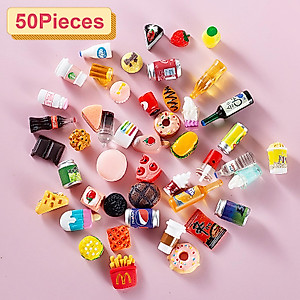 50 Pcs Miniature Food Drink Bottles Soda Pop Cans Pretend Play Kitchen Game Party Accessories Toys Hamburg Cake Ice Cream for 1/12 Doll House (25Food+25Drink)
