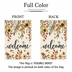 ORTIGIA Welcome Fall Maple Leaves Garden Flag Blurap Vertical Double Sided 12x18inch Autumn Sunflowers Small Garden Flag for Outside Fall Thanksgiving Farmhouse Seasonal Holiday Yard Décor