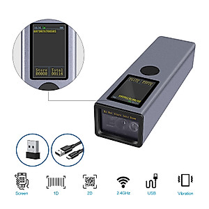 2D 1D QR Barcode Scanner with TFT Screen 3 in 1 BT & 2.4GHz Wireless & Wired Connection Sound and Vibrator Prompt Support Offline Storage Compatible with Windows Android Linux for Supermarket