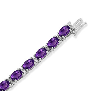 Jewelili Sterling Silver 7x5MM Oval Cut Genuine Amethyst and Natural White Round Diamond Accent Tennis Bracelet, 7.25"