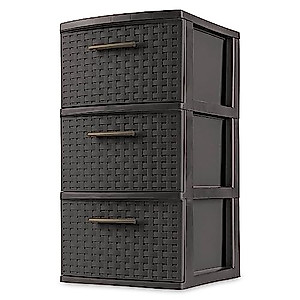 Sterilite 3 Drawer Wicker Weave Decorative Storage Organization Container Cabinet Tower with Driftwood Handles, Espresso (8 Pack)
