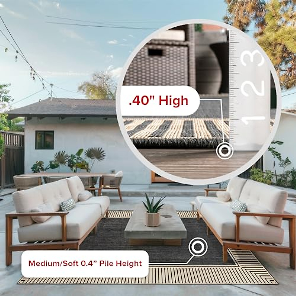 nuLOOM 7' Round Outdoor Area Rug, Casual Design With Striped Border, Stain Resistant, Highly Durable, For Patio, Balcony, Bedroom, Living Room, Dining Room, Bathroom, Dark Grey