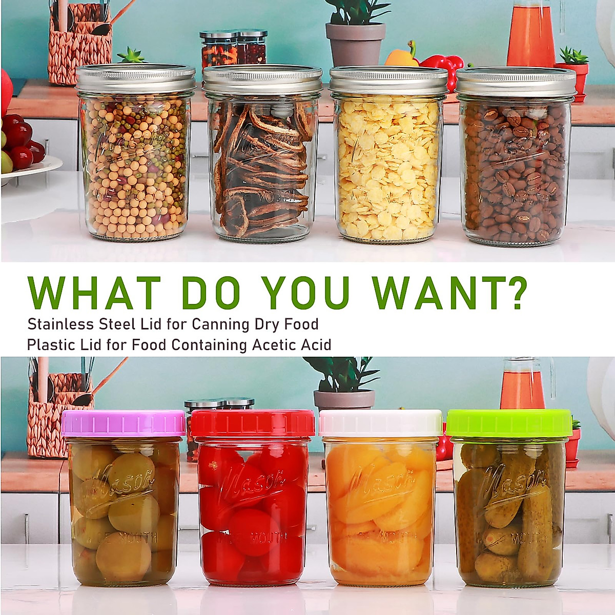 Woaiwo-q 4 Pack Wide Mouth Mason Jars 16oz, Mason Jars with Metal Airtight Lids and Bands - For Canning, Fermenting, Pickling - Jar Décor/Microwave/Freeze/Dishwasher Safe