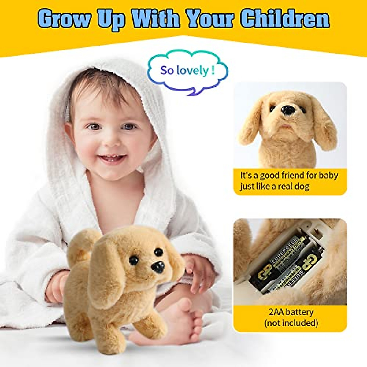 KSABVAIA Plush Golden Retriever Toy Puppy Electronic Interactive Dog - Walking, Barking, Tail Wagging, Stretching Companion Animal for Kids Toddlers (Golden Dog)
