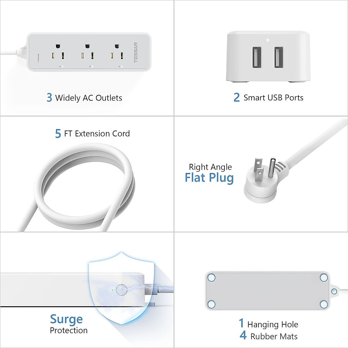 Smart Power Strip Surge Protector 900J, TESSAN WiFi Extension Cord with 3 Individually Remote Controlled Outlets Socket 2 USB, Wall Mountable Timer Smart Plug Compatible with Alexa& Google Home