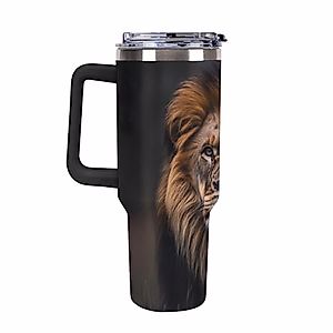 Lion Male Insulated Tumblers with Handle Stainless Steel Coffee Mug Funny Travel Cup with Lid Straw 40oz