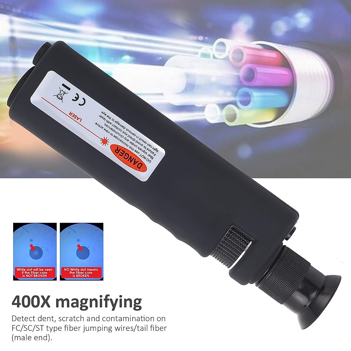 Fiber Optic Microscope Monocular Handheld Fiber Optic Inspection Microscope 400X Optical Communication Fiber Cable Inspection Microscope Magnifier Built-in Adapter Interface SC/LC/FC/ST